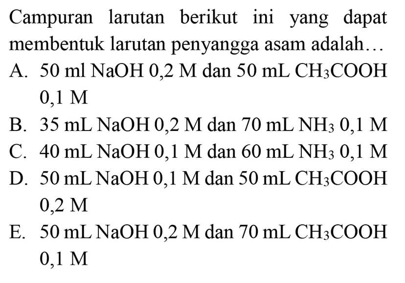 Campuran larutan berikut ini yang membentuk larutan penya...